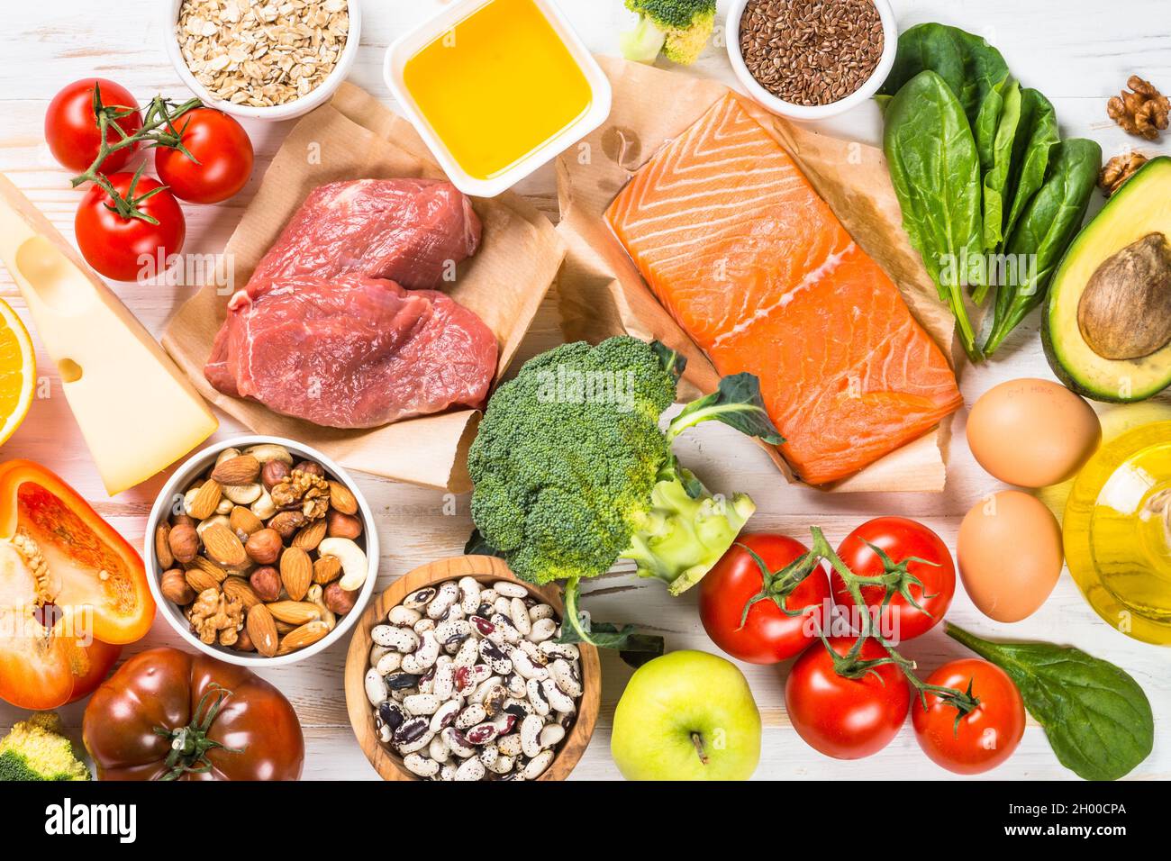 Healthy food products at white background top view Stock Photo - Alamy