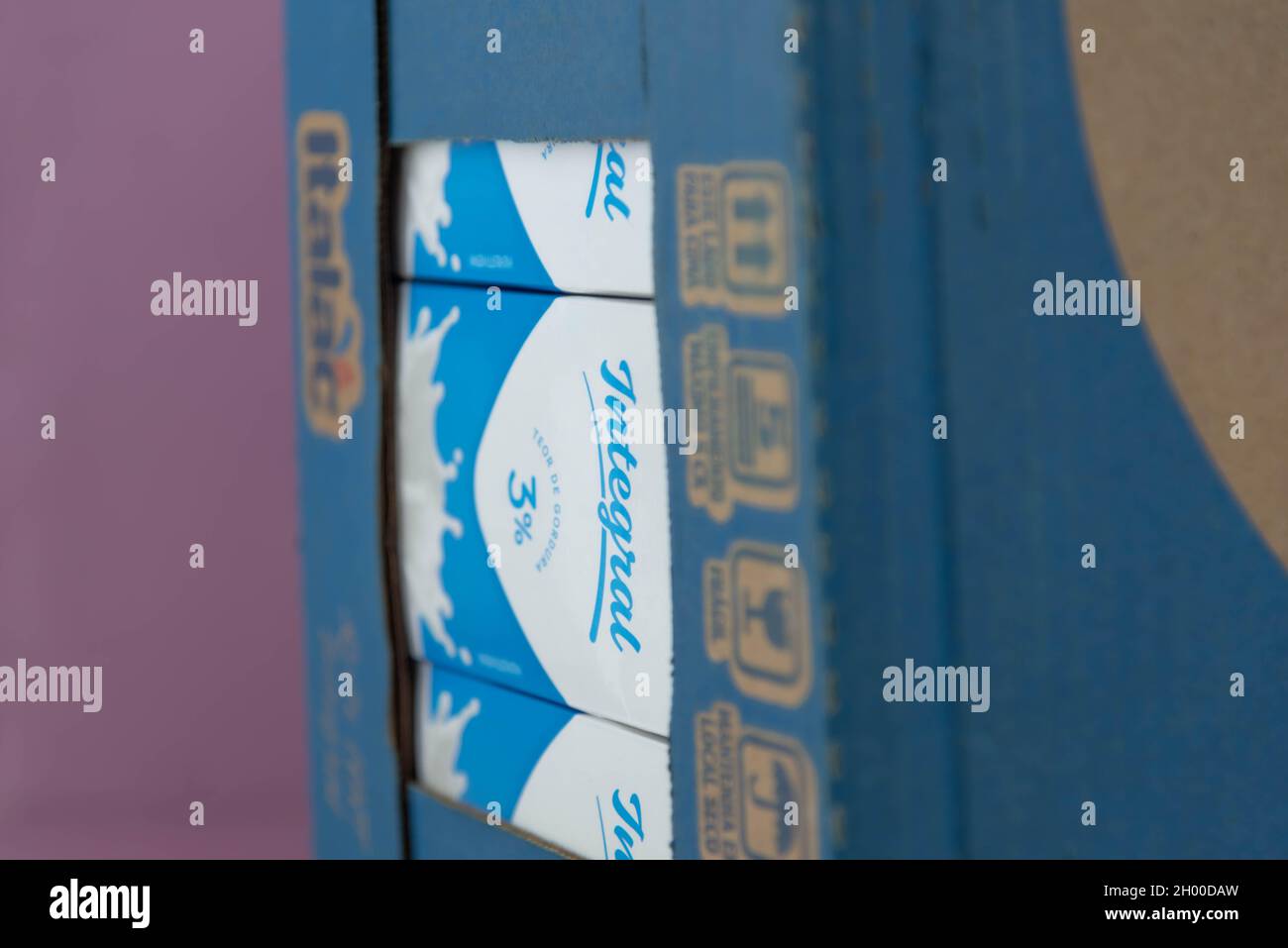 Boxes of whole milk in commercial packaging for sale in supermarkets ...