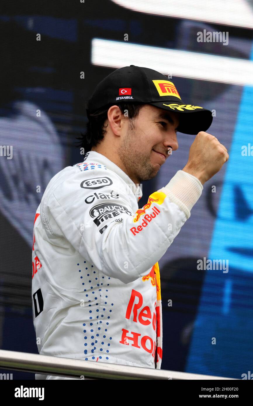 Sergio Perez (MEX) Red Bull Racing celebrates his third position on the ...