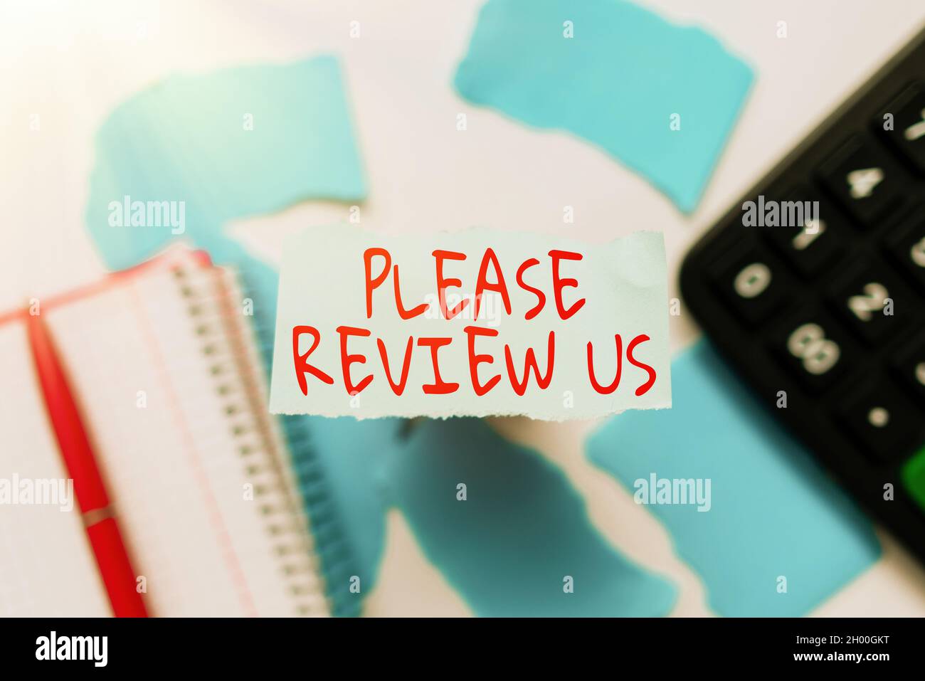 Hand writing sign Please Review Us. Business idea situation or system ...
