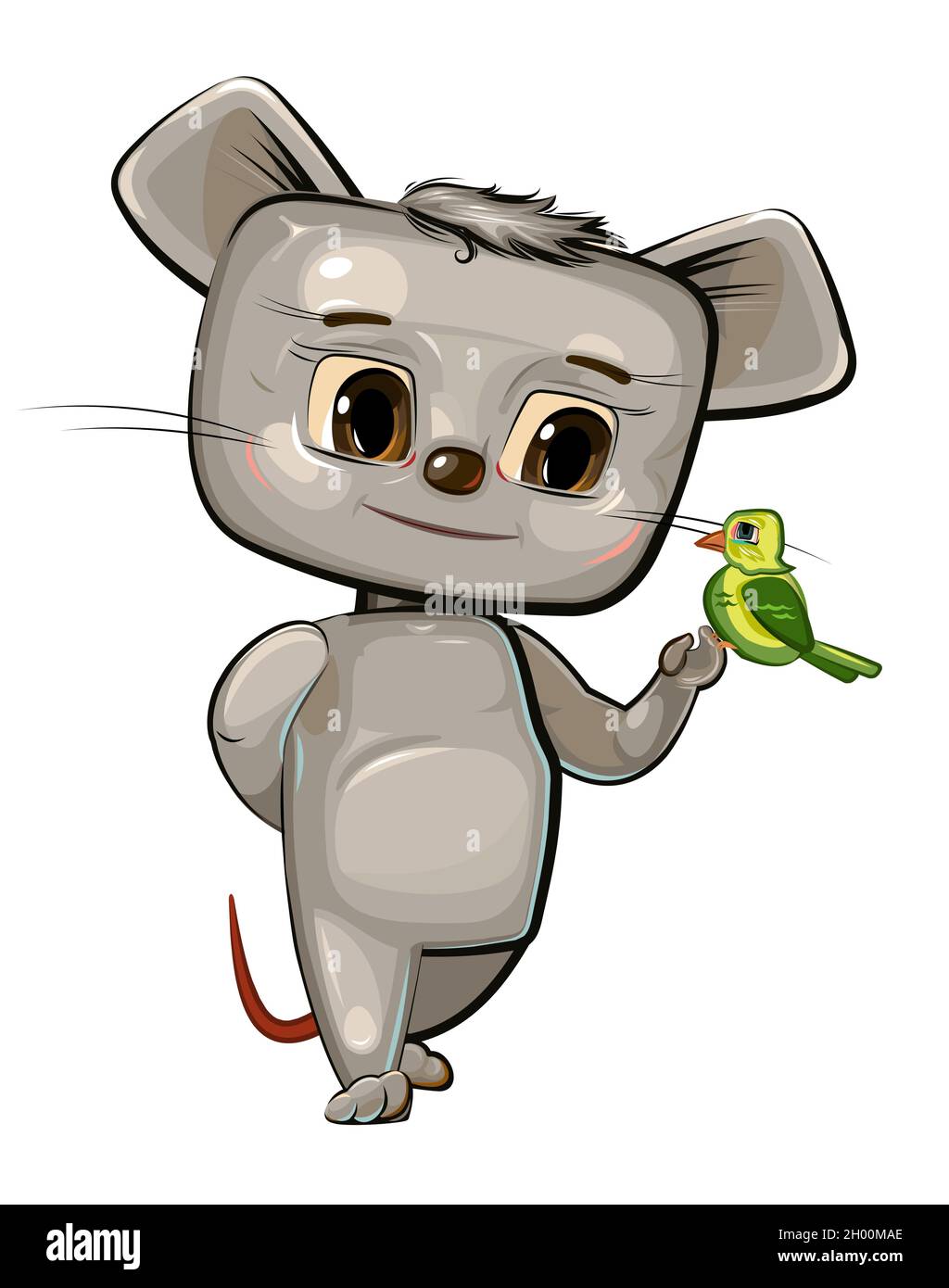 Cute baby Mouse friendly with the bird. Funny little animal ...