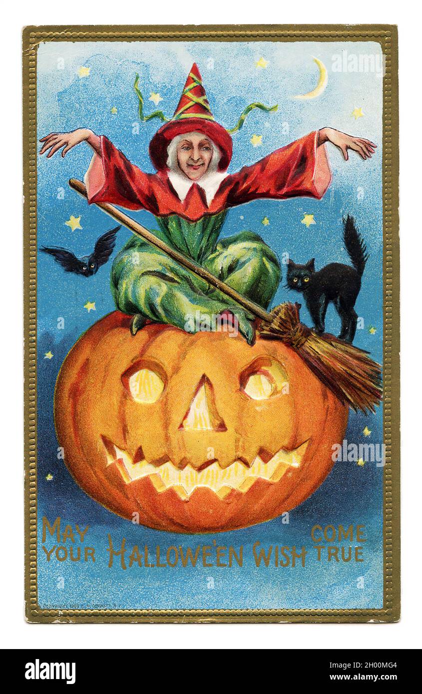 Vintage Halloween greeting card / postcard. Early 1900s. A Witch and a ...