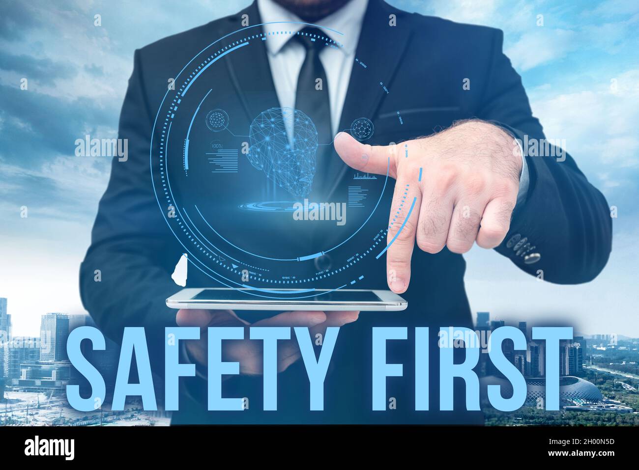 Conceptual caption Safety First. Word Written on used to say that the ...