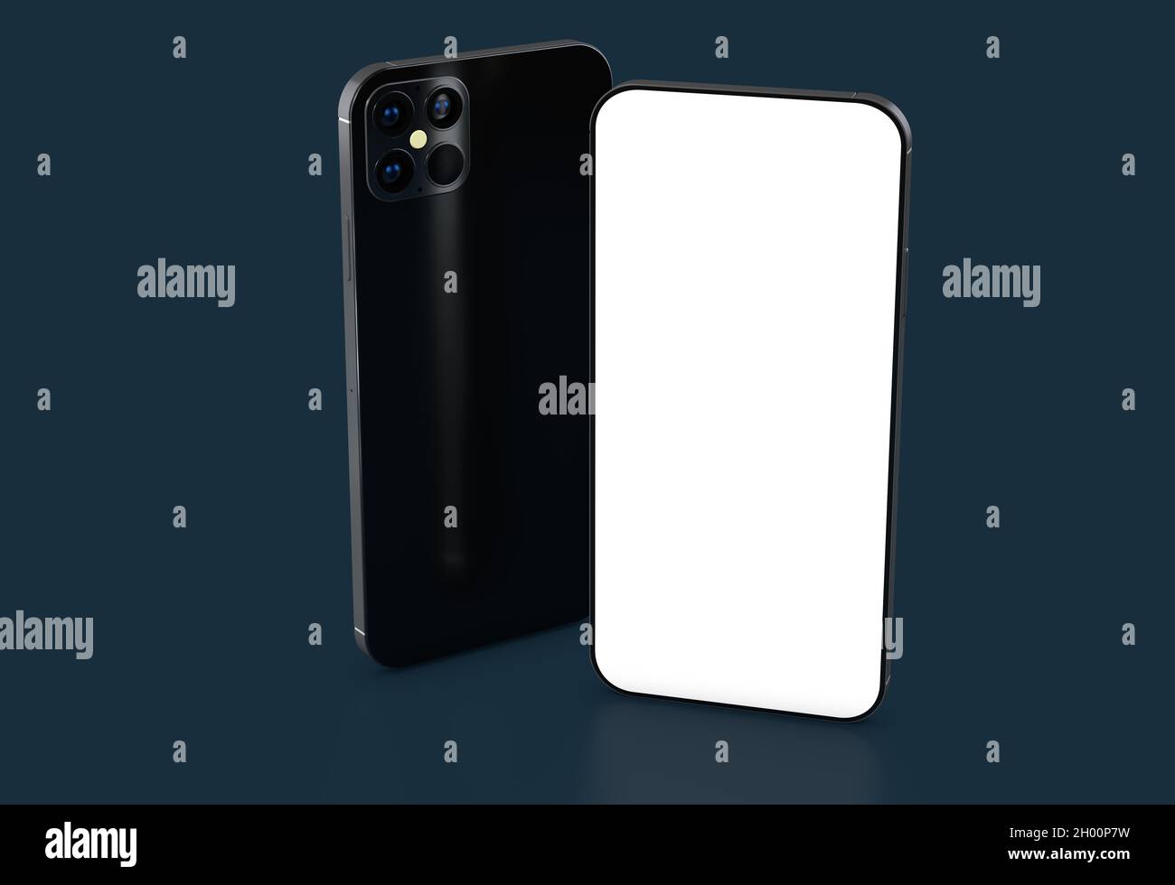 A 3D rendering of two smartphones isolated on a dark background ...