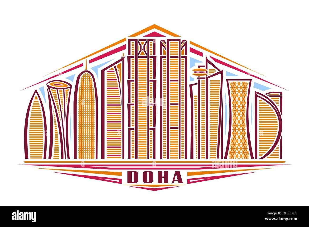 Vector illustration of Doha, horizontal poster with linear design ...