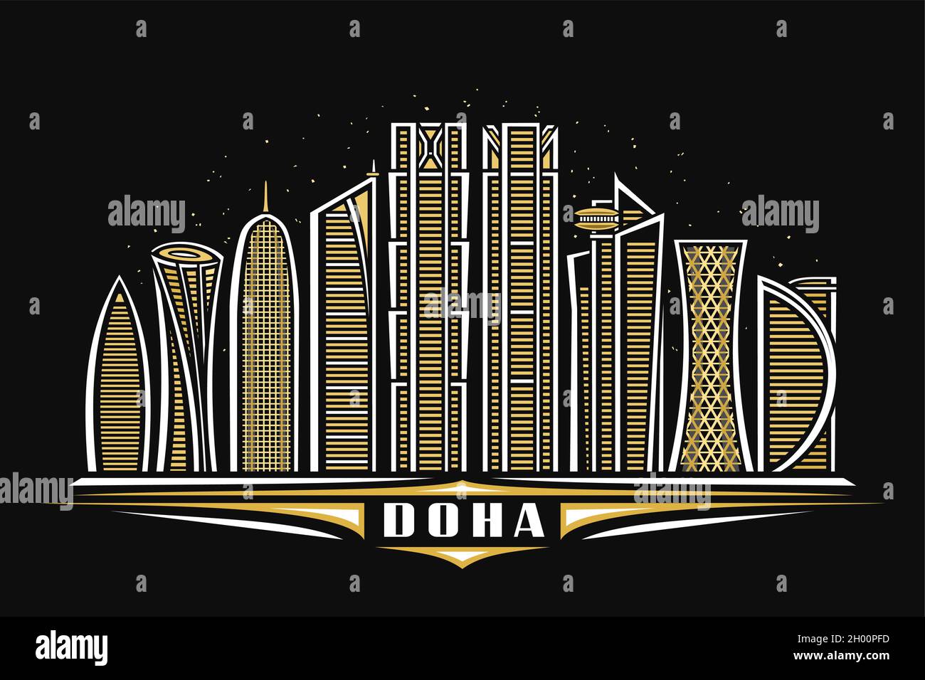 Vector illustration of Doha, dark horizontal poster with linear design ...