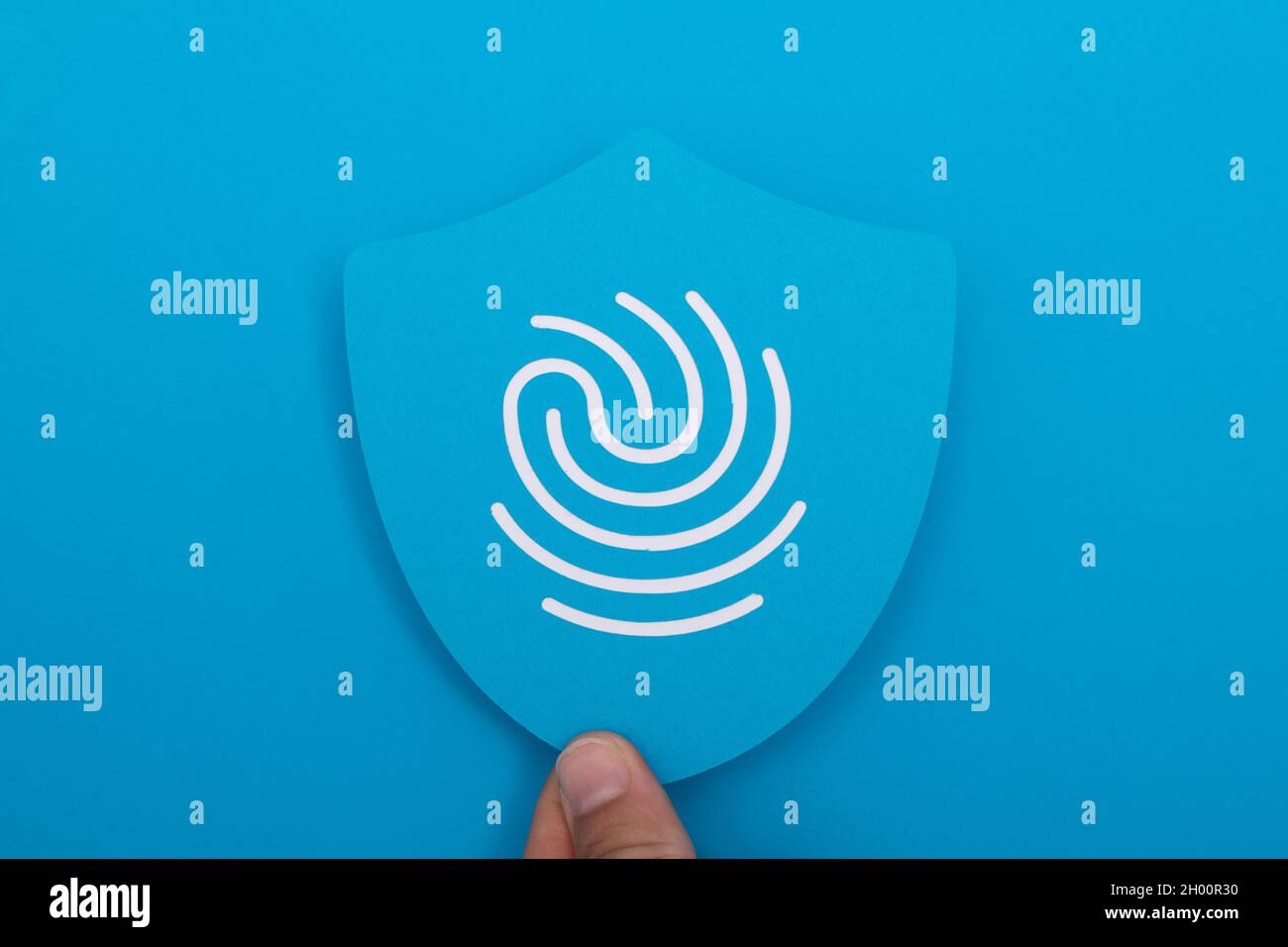 A hand holding a shield with a fingerprint on a blue background, safe ...