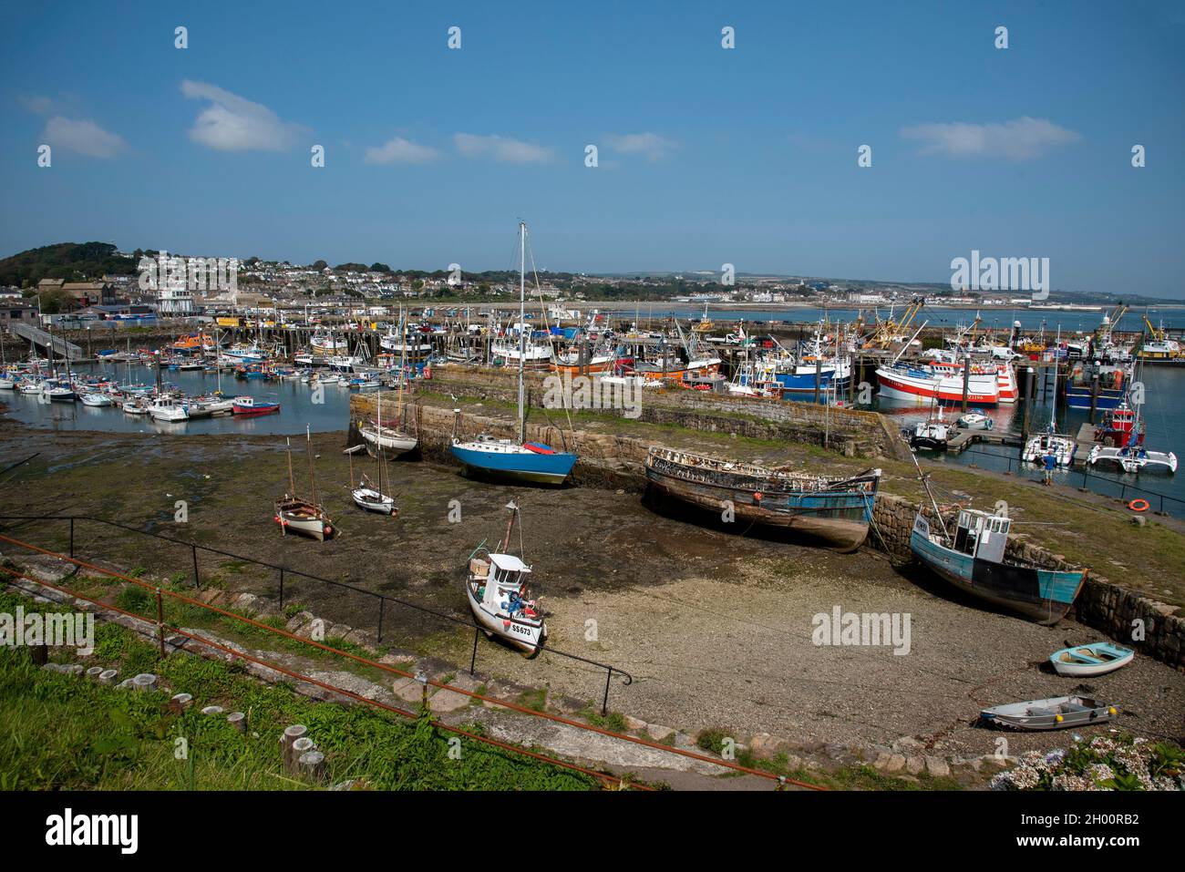 Newlyn, Cornwall, England, UK. 2021. Overview of the old harbour and ...