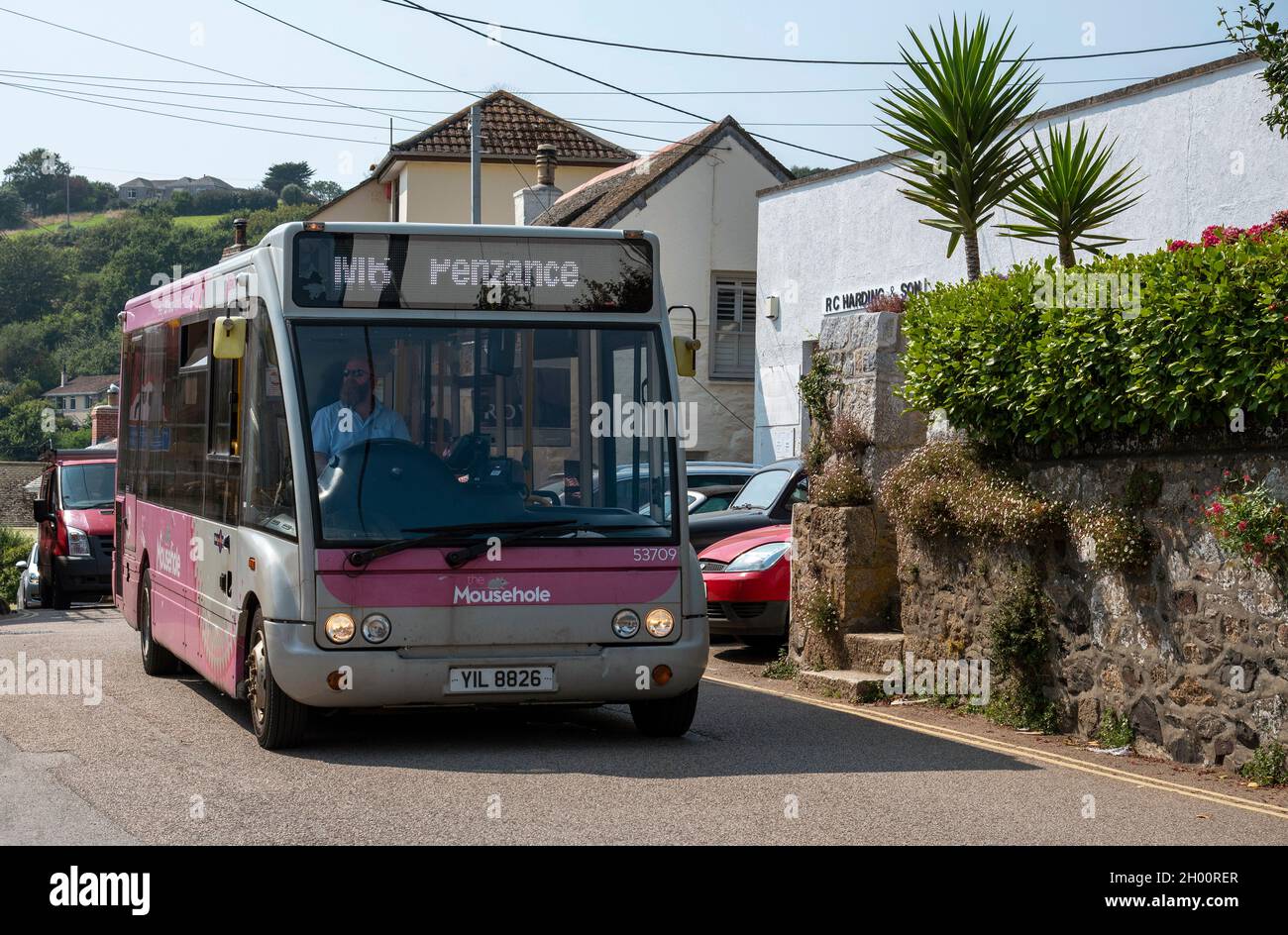 Mousehole, Cornwall, England UK. 2021. Coastal bus service serving ...