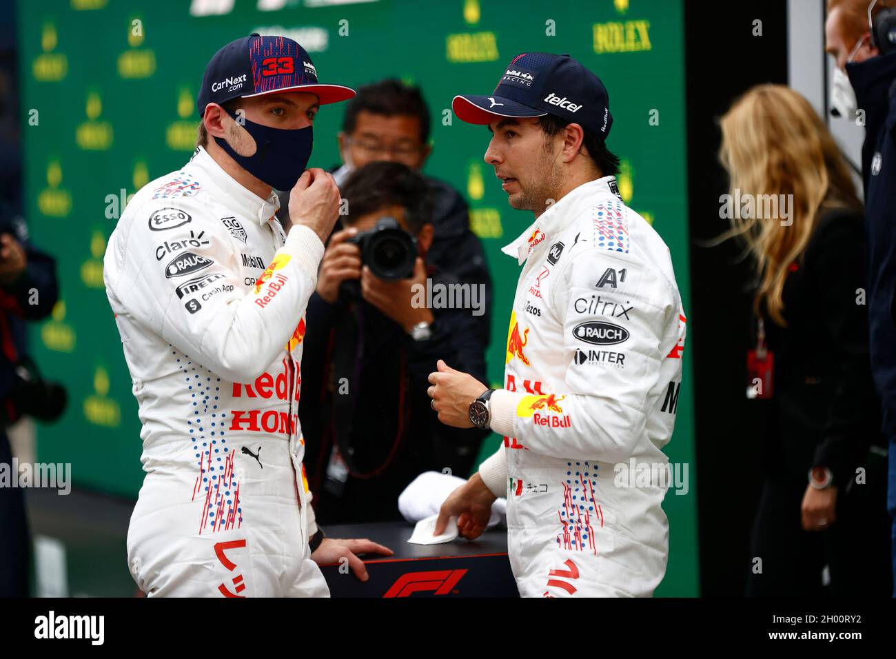 (L to R): Max Verstappen (NLD) Red Bull Racing with team mate Sergio ...