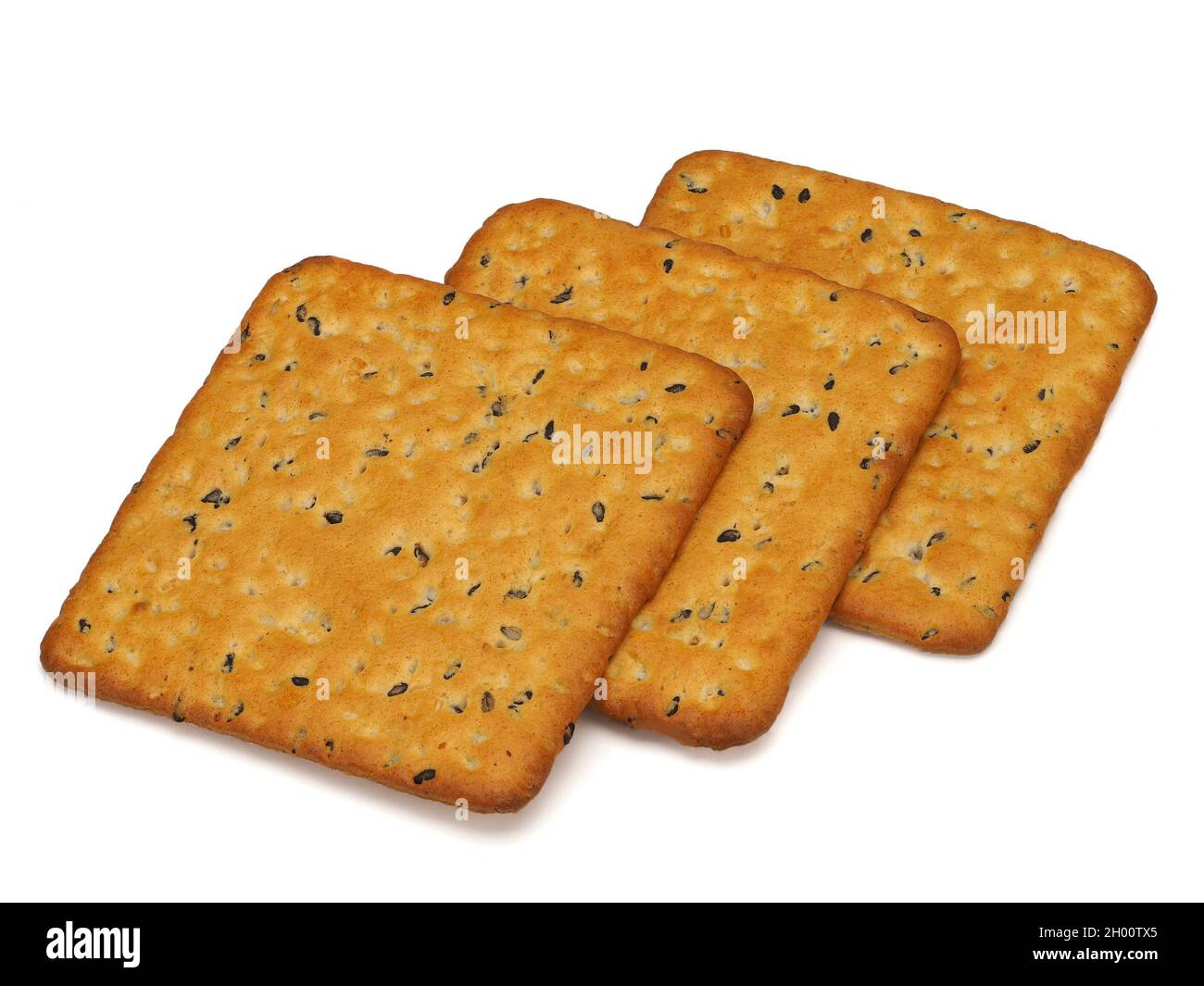 Three delicious crackers on white background, top view Stock Photo - Alamy