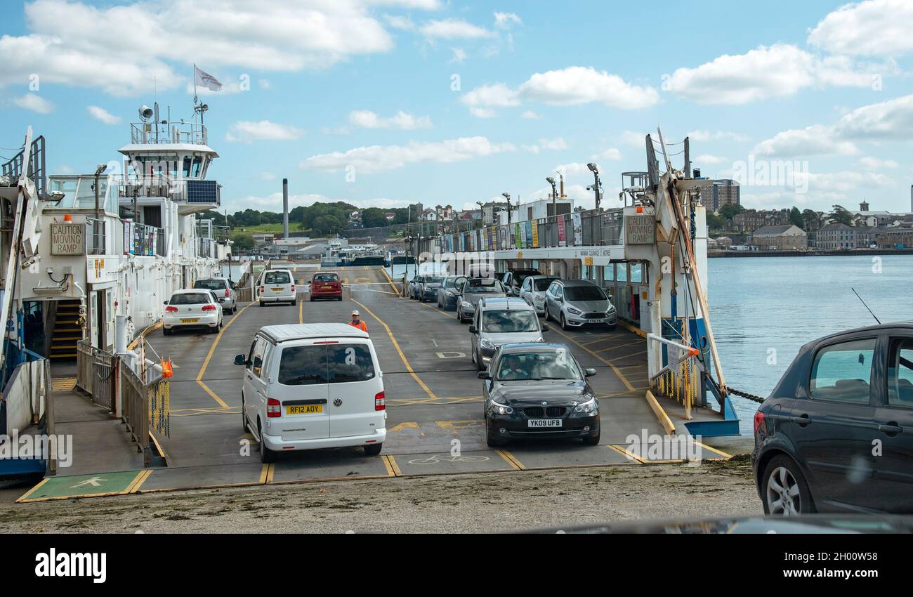 Torpoint, Cornwall, England, UK. 2021. Vehicles loading and unloading ...
