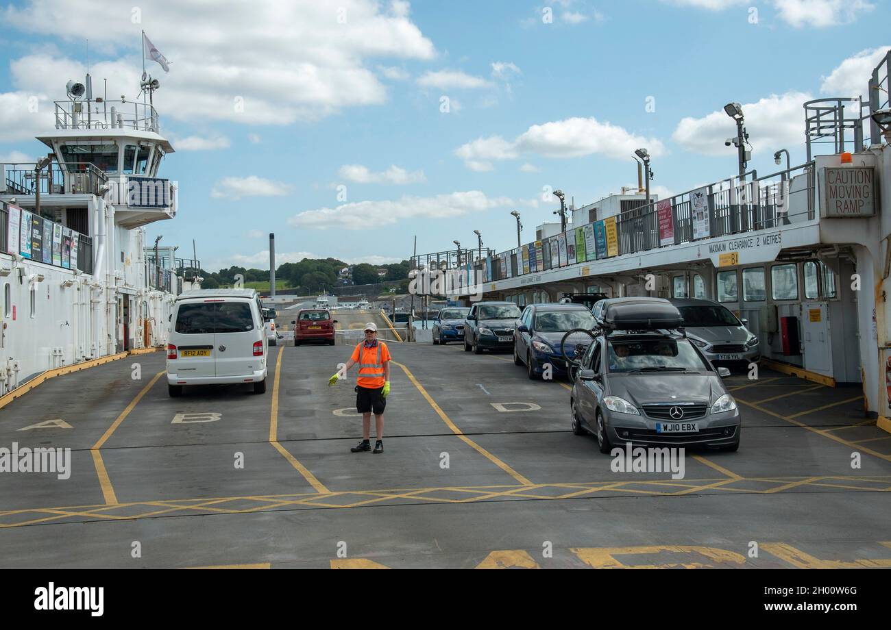 Torpoint, Cornwall, England, UK. 2021. Vehicles loading and unloading ...
