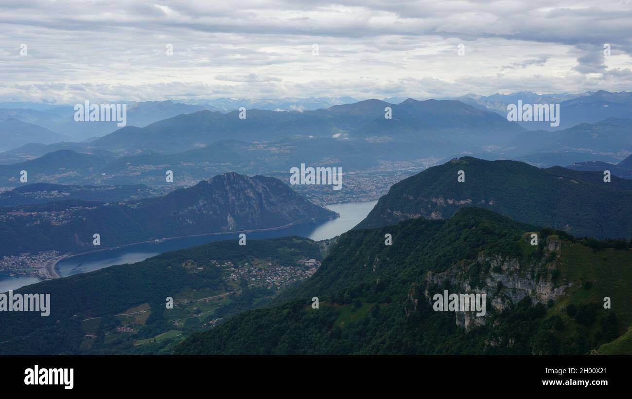 An aerial landscape of the tranquil Lake Lugano in Switzerland Stock ...