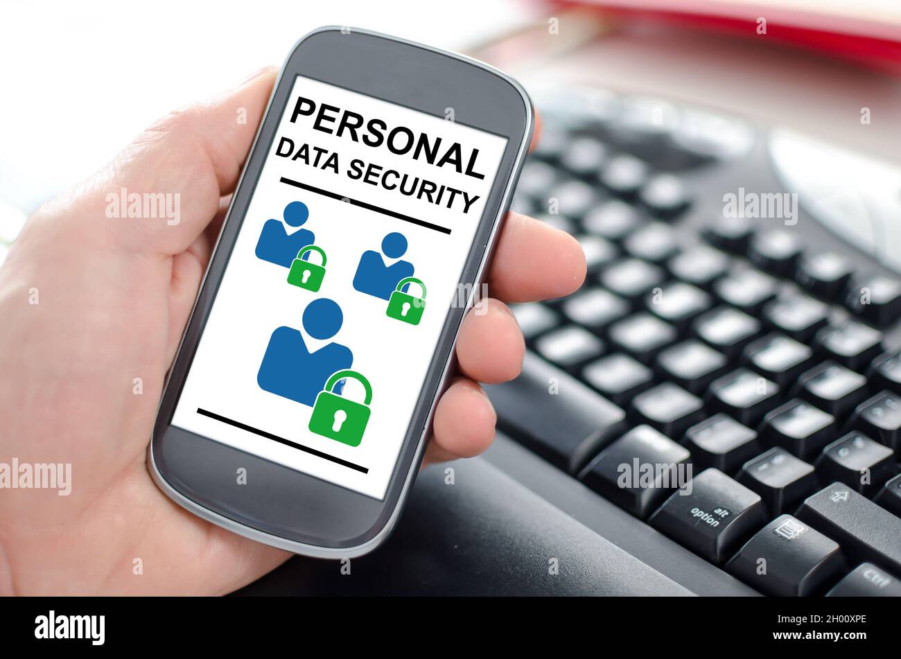 Hand holding a smartphone showing a personal data security concept ...