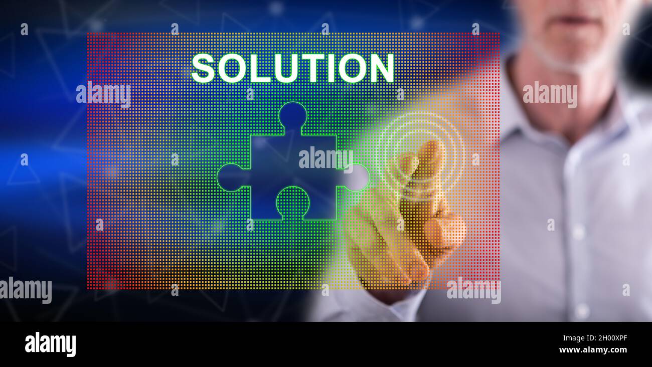 Man touching a solution concept on a touch screen with his finger Stock ...