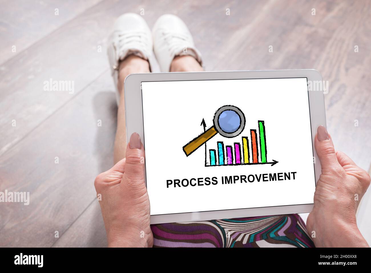 Woman sitting on the floor with a tablet showing process improvement ...