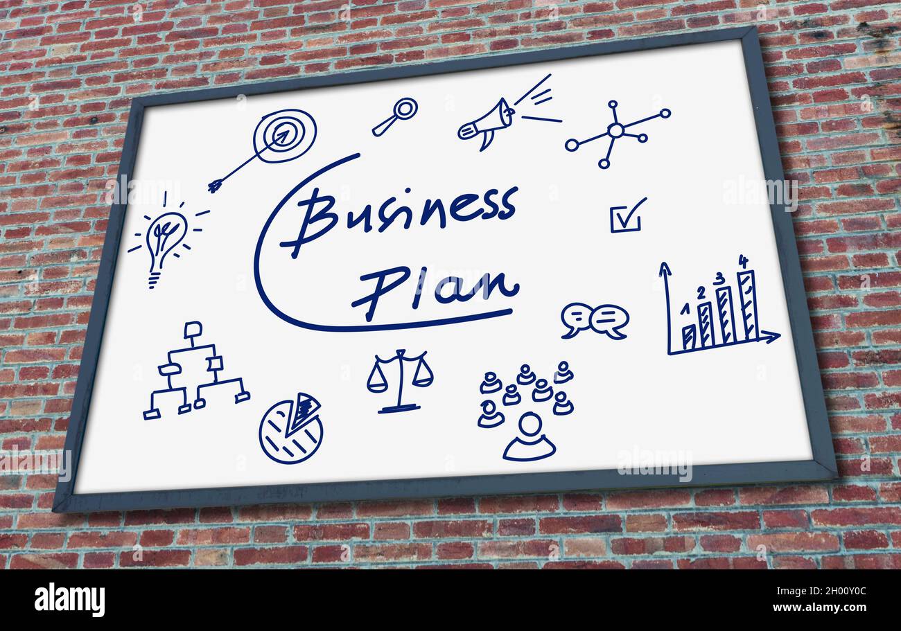 Business plan concept drawn on a billboard fixed on a brick wall Stock ...