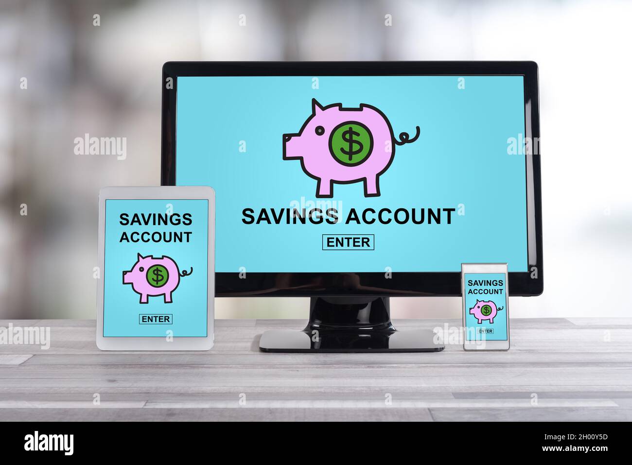 Savings account concept shown on different information technology ...