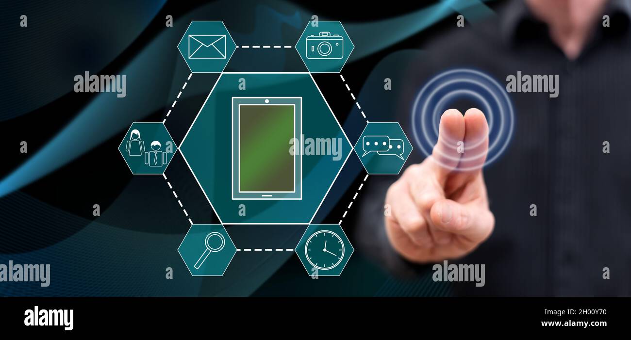 Man touching an apps concept on a touch screen with his fingers Stock ...