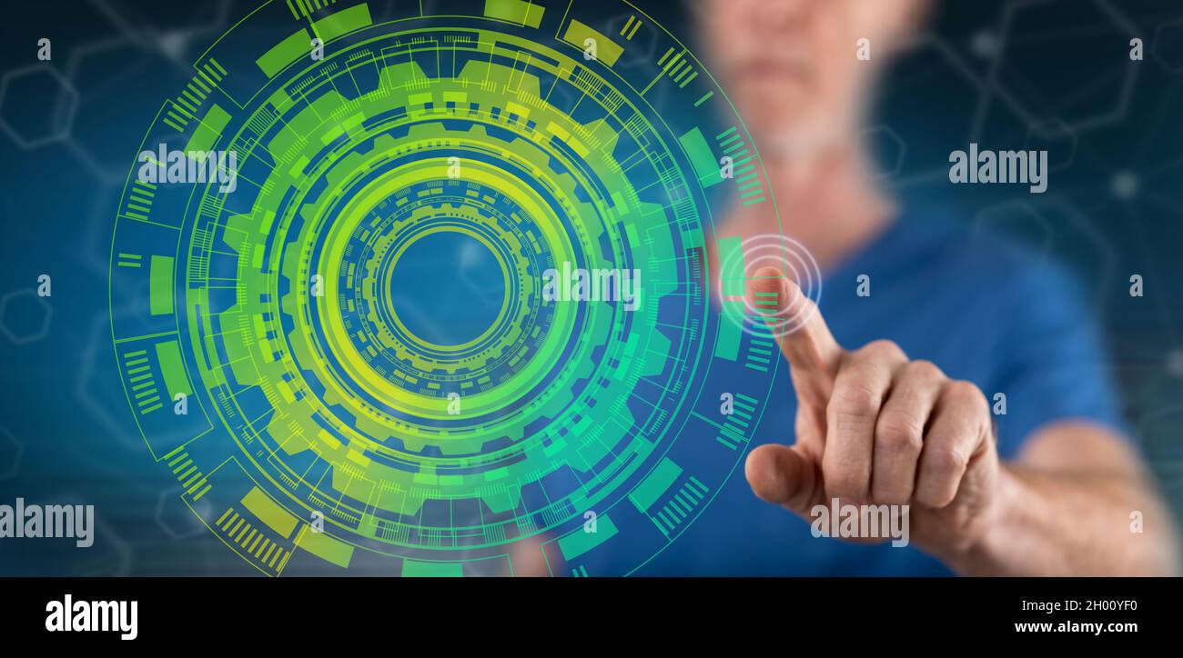 Man touching a tech concept on a touch screen with his finger Stock ...
