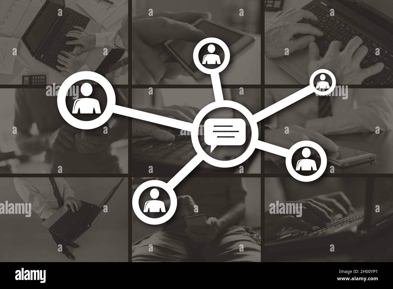 Communication network concept illustrated by pictures on background ...