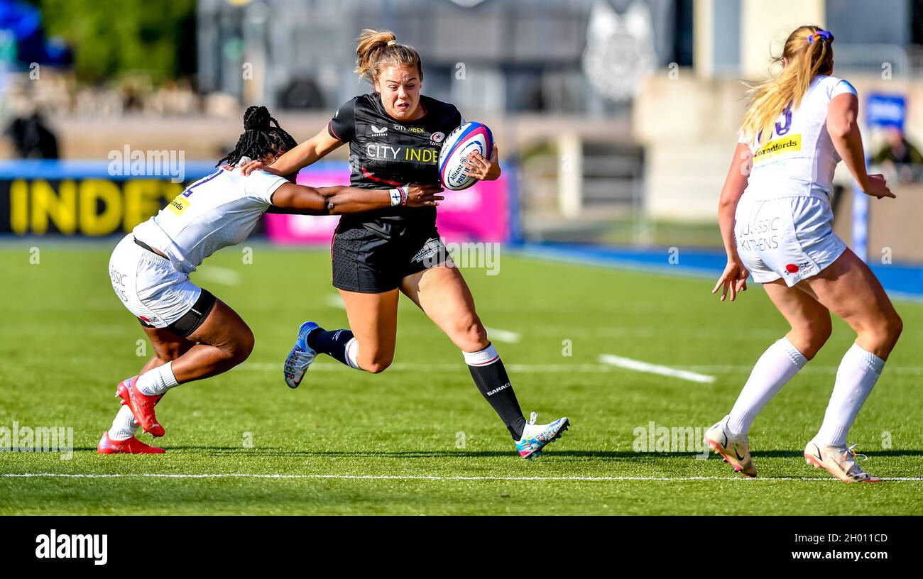 London, UK. 10th Oct, 2021. Cara Wardle of Saracens Women shrugs off ...