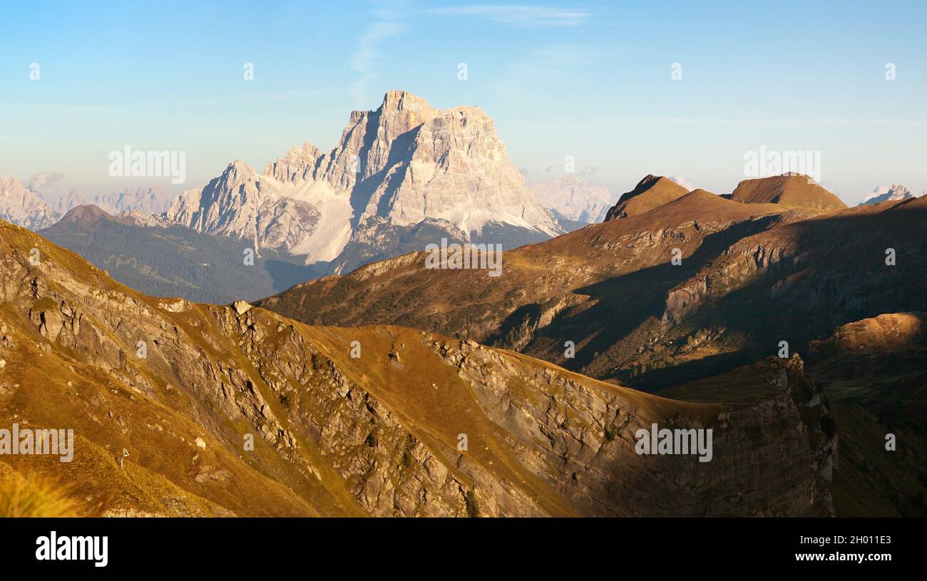 Evening panoramic view of mount Pelmo, South Tirol, dolomites mountains ...