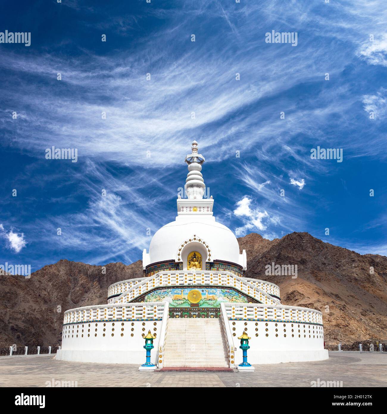 View of Tall Shanti stupa with beautiful sky, the big stupa in Leh and ...