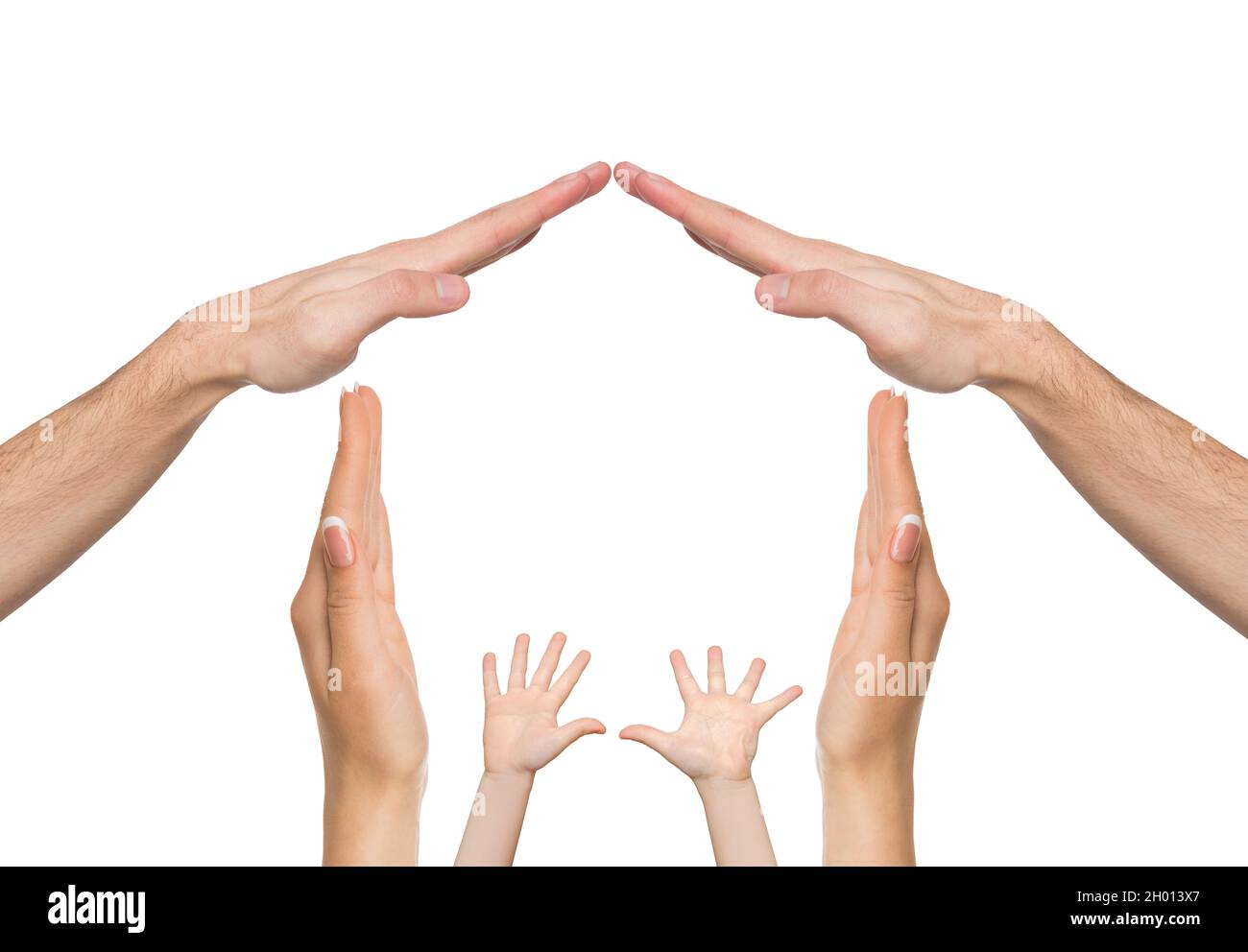 Hands of caucasian man and woman make house and protect child, isolated ...