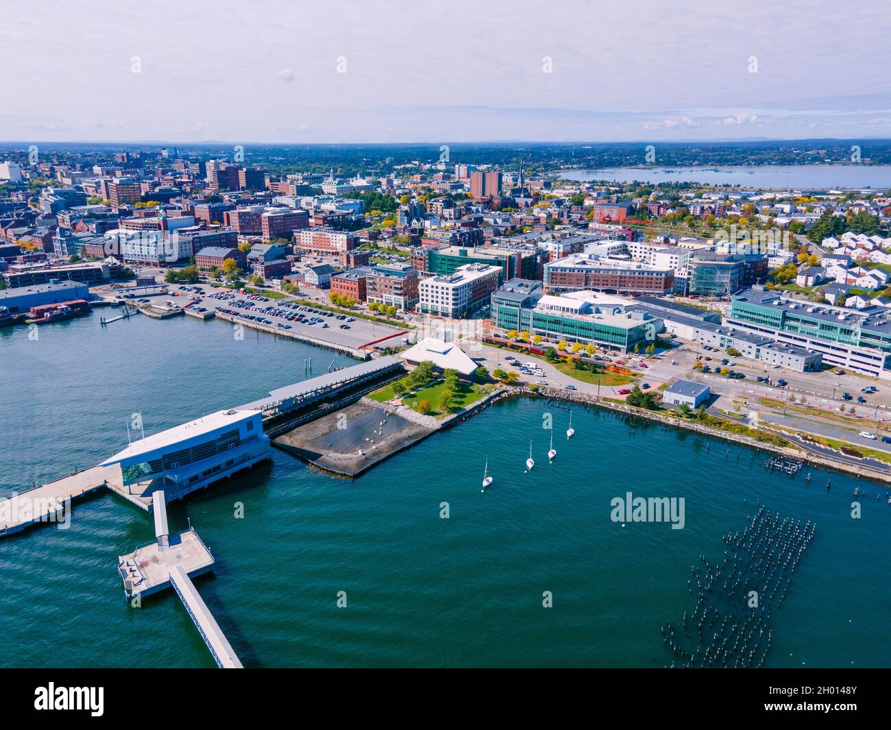 Aerial view of Portland Old Port and Fore River in downtown Portland ...