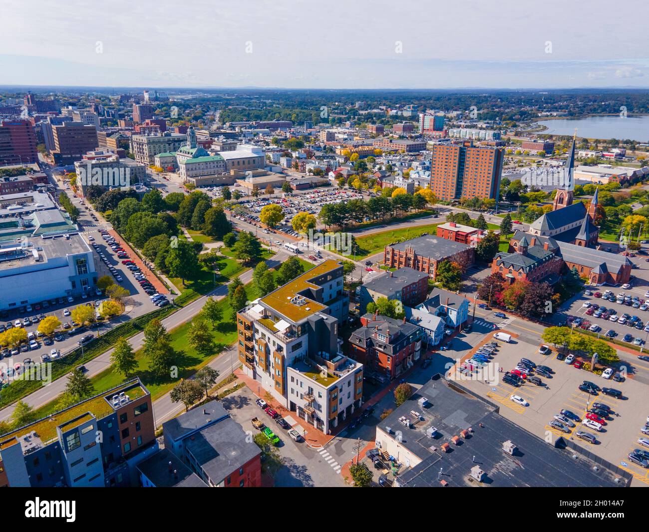 Aerial view of Portland historic downtown skyline on Congress Street ...