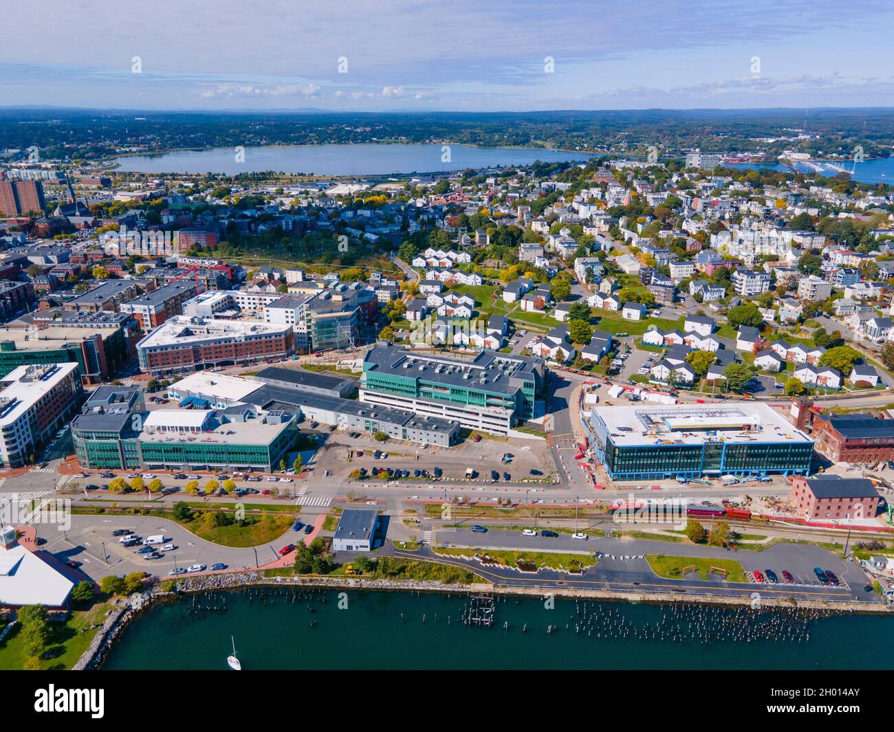 Aerial view of Portland Old Port and Fore River in downtown Portland ...