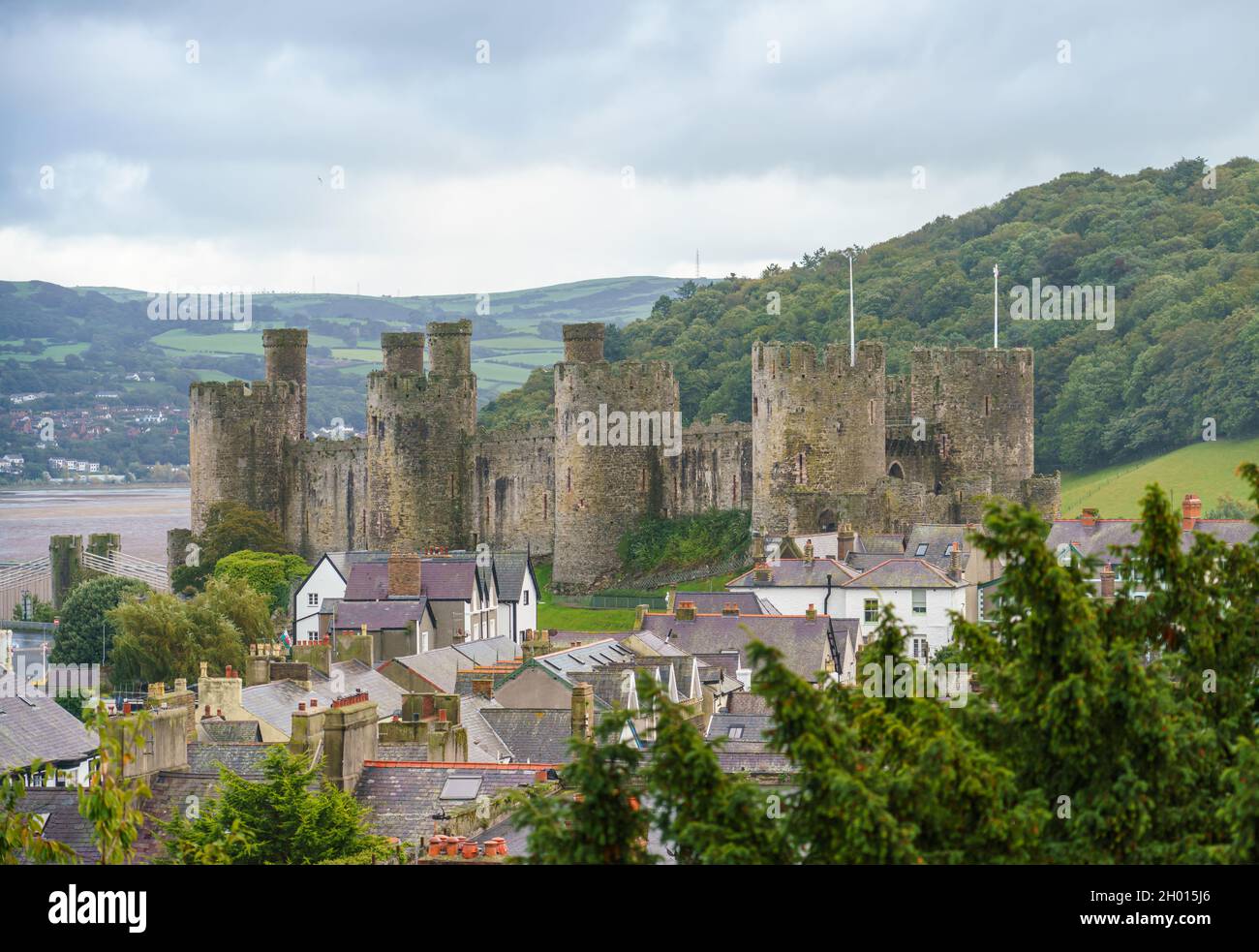 the well preserved 13th century medieval Conwy castle, suspension ...