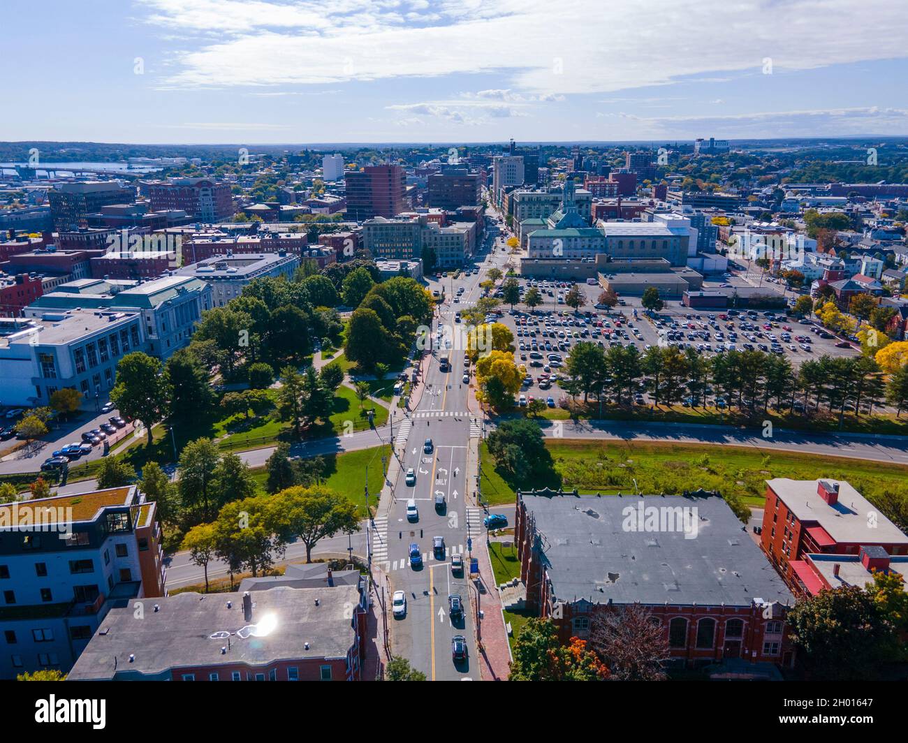 Aerial view of Portland historic downtown skyline on Congress Street ...