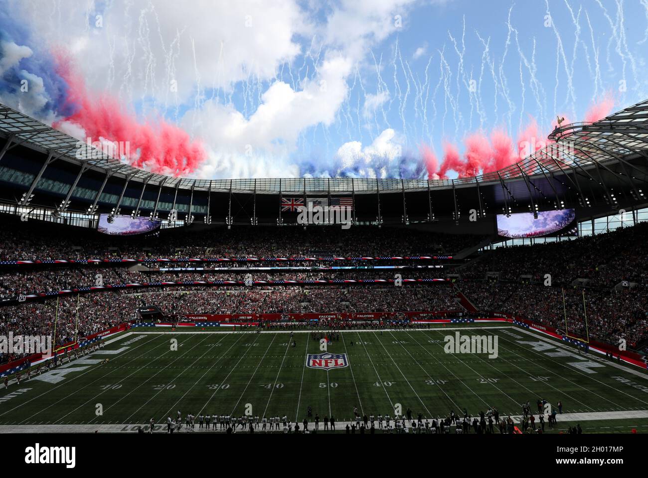 Fireworks over the stands before the match which is part of the NFL ...
