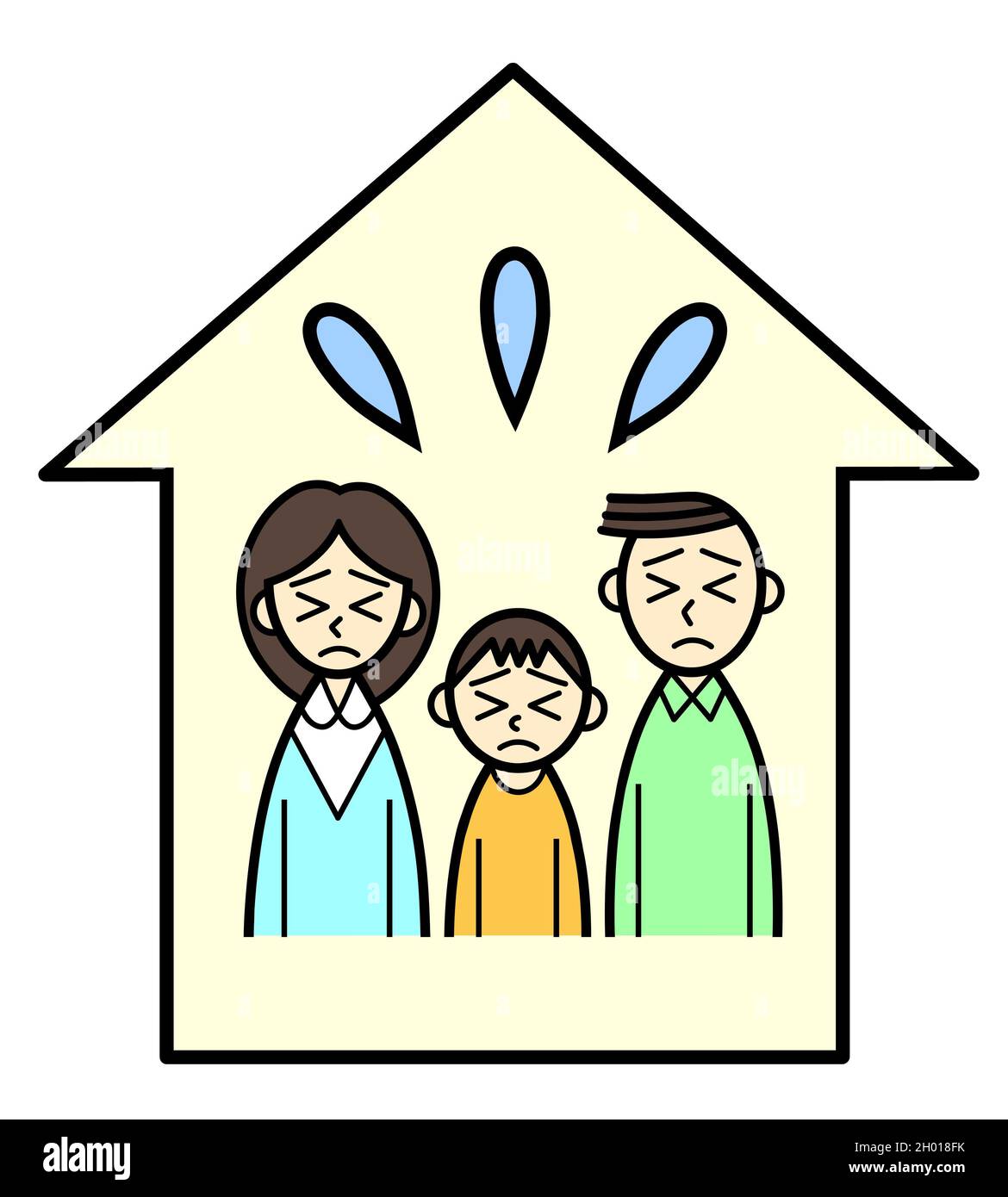 A family of three with sweat drops in house Stock Photo - Alamy