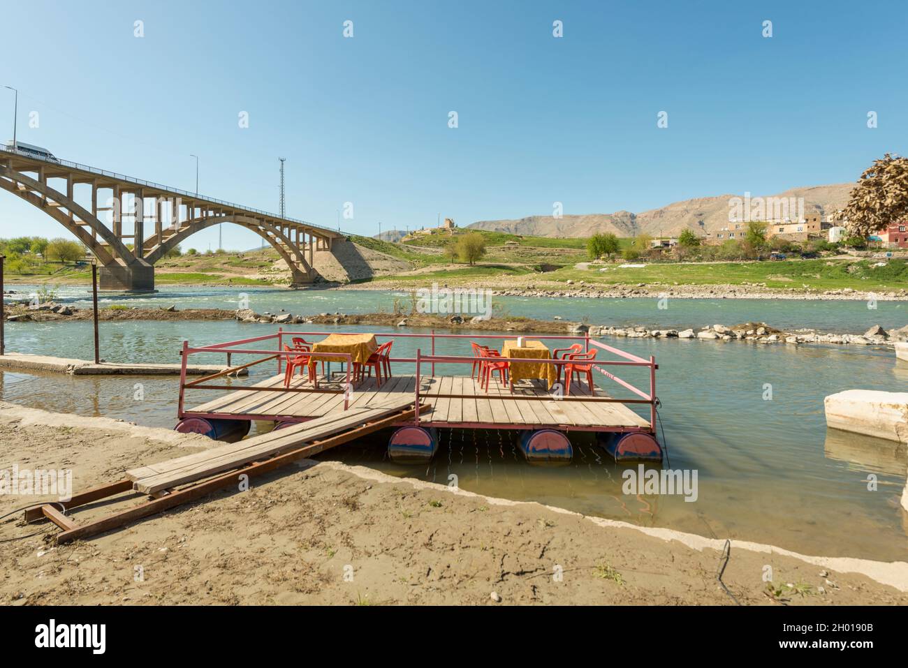 Floating dining room of a restaurant on the waters of the Tigris river ...
