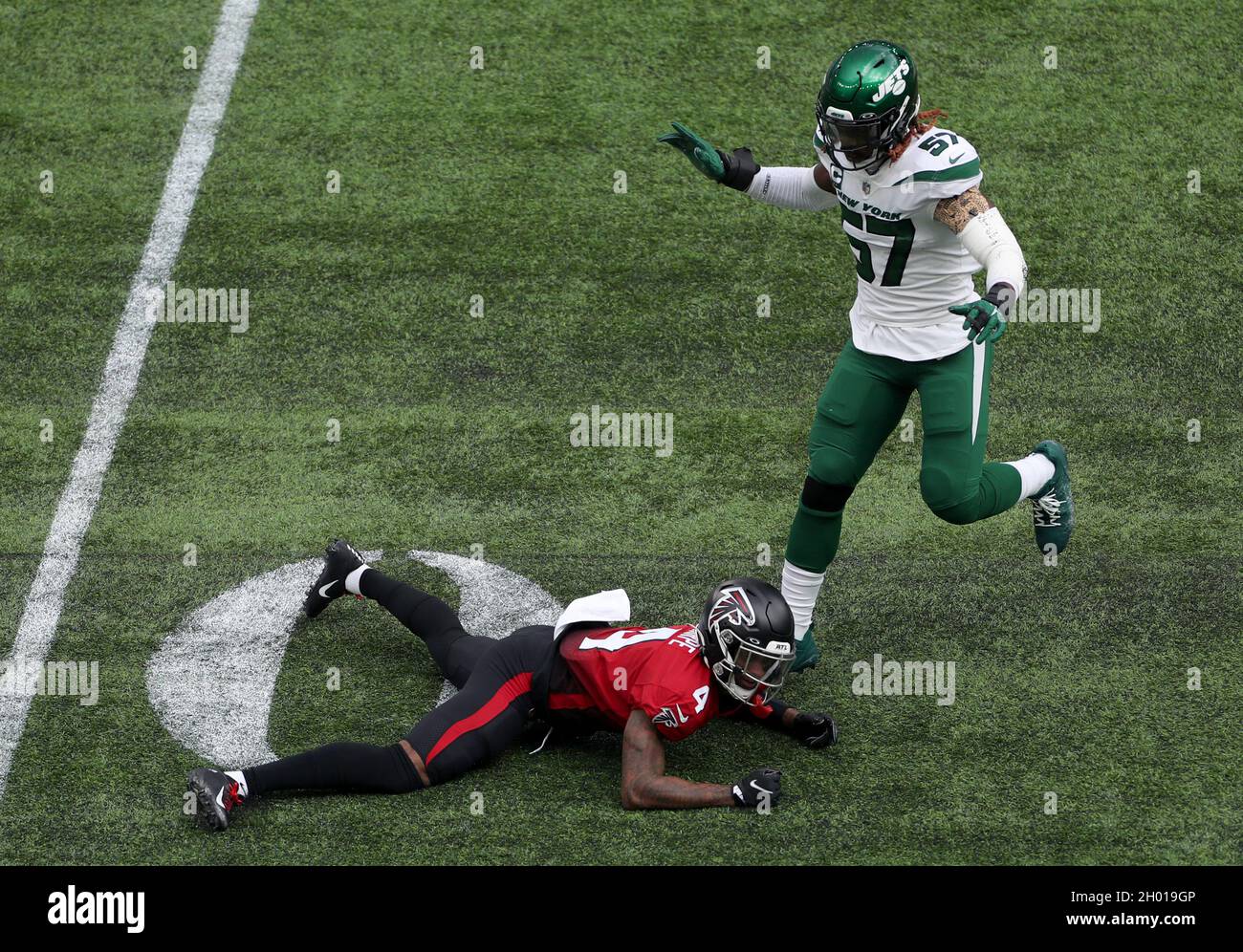 Atlanta Falcon's Tajae Sharpe and New York Jets' CJ Mosley during the ...