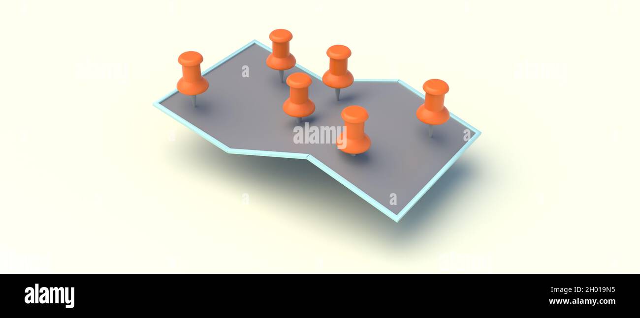 Orange color markers on minimal paper map isolated on white background ...