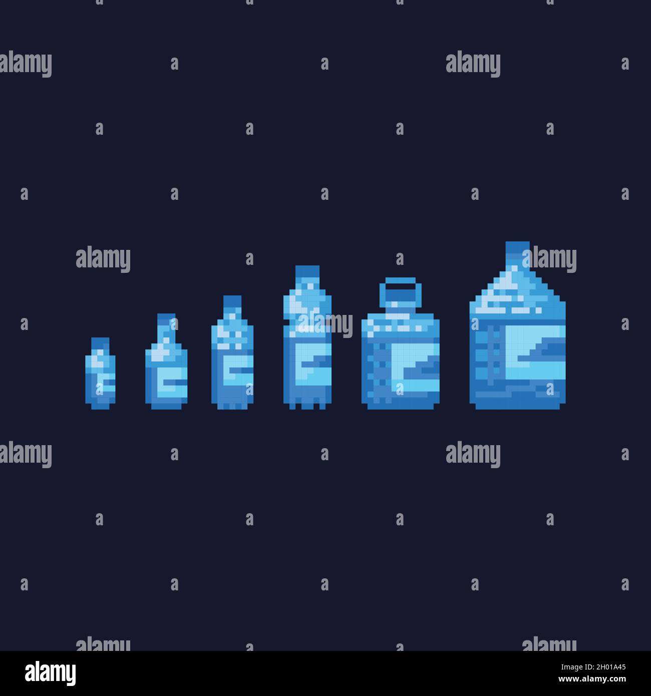 Pixel art 8 bit collection of recyclable plastic water bottles isolated ...