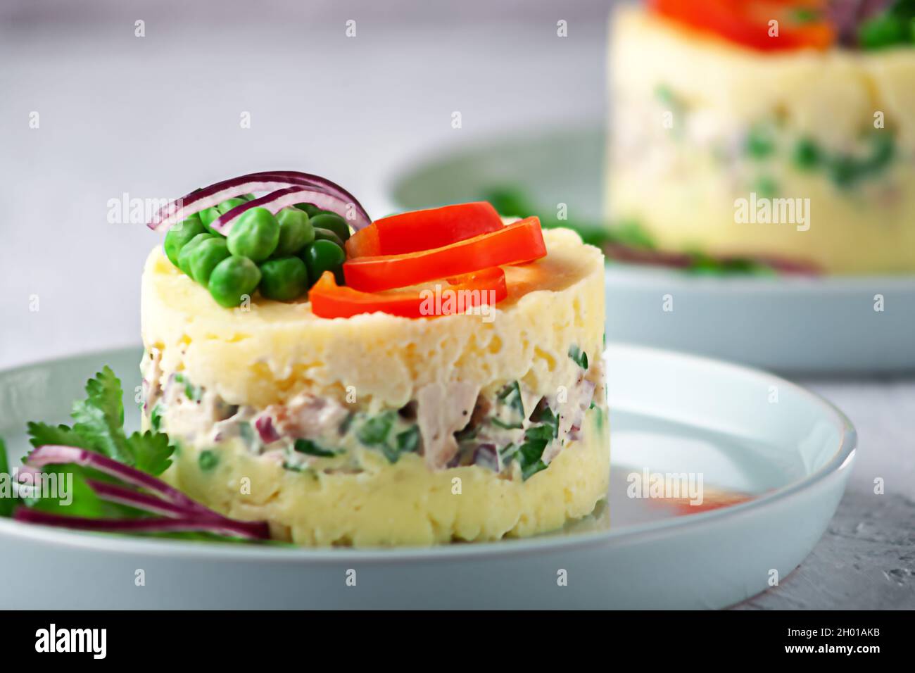 Causa stuffed with chicken. A traditional Peruvian dish Stock Photo - Alamy