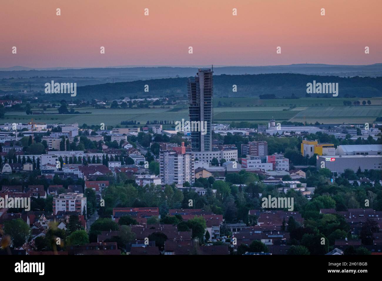 A top view of a SLT 107 Schwaben and tower of the cityscape in Fellbach ...