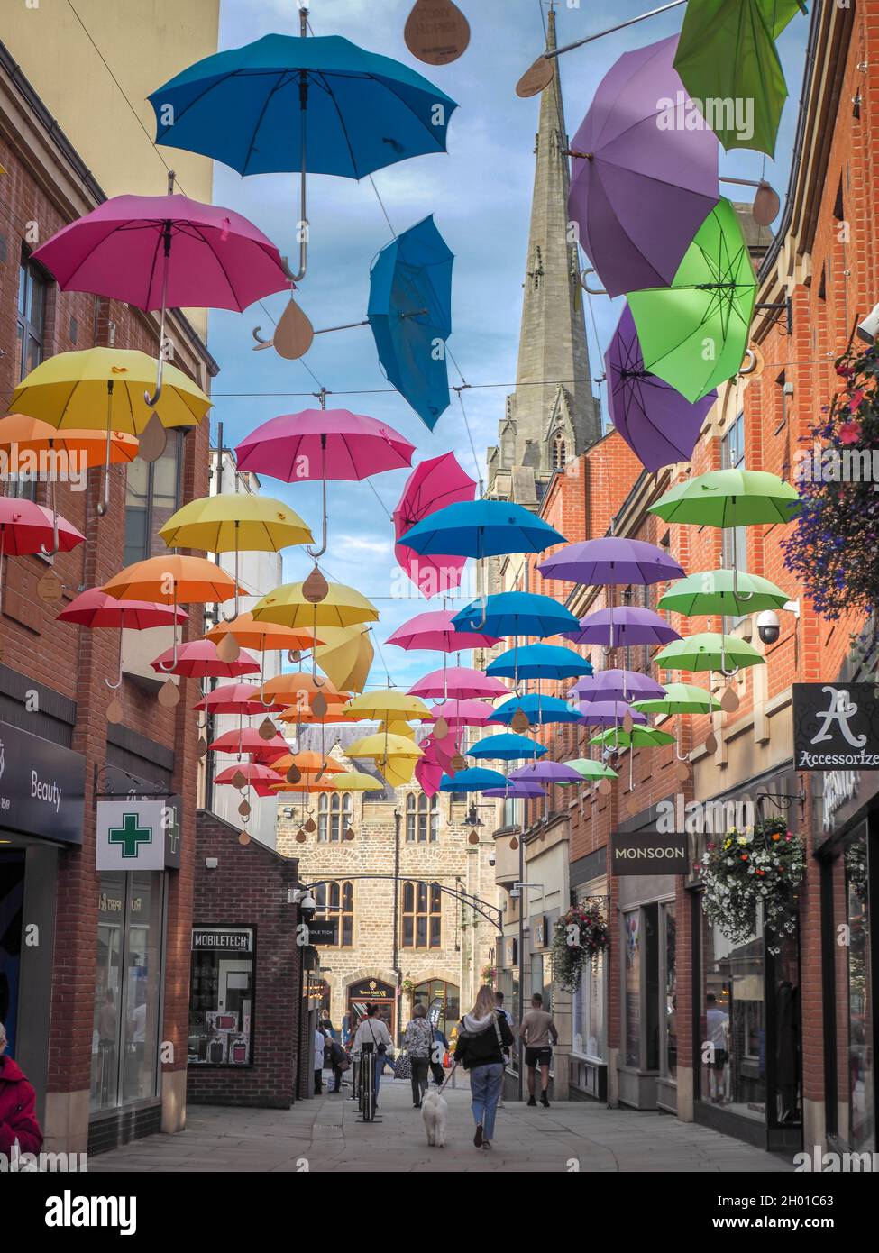 Shopping arcade with colourful umbrella installation, Durham City ...