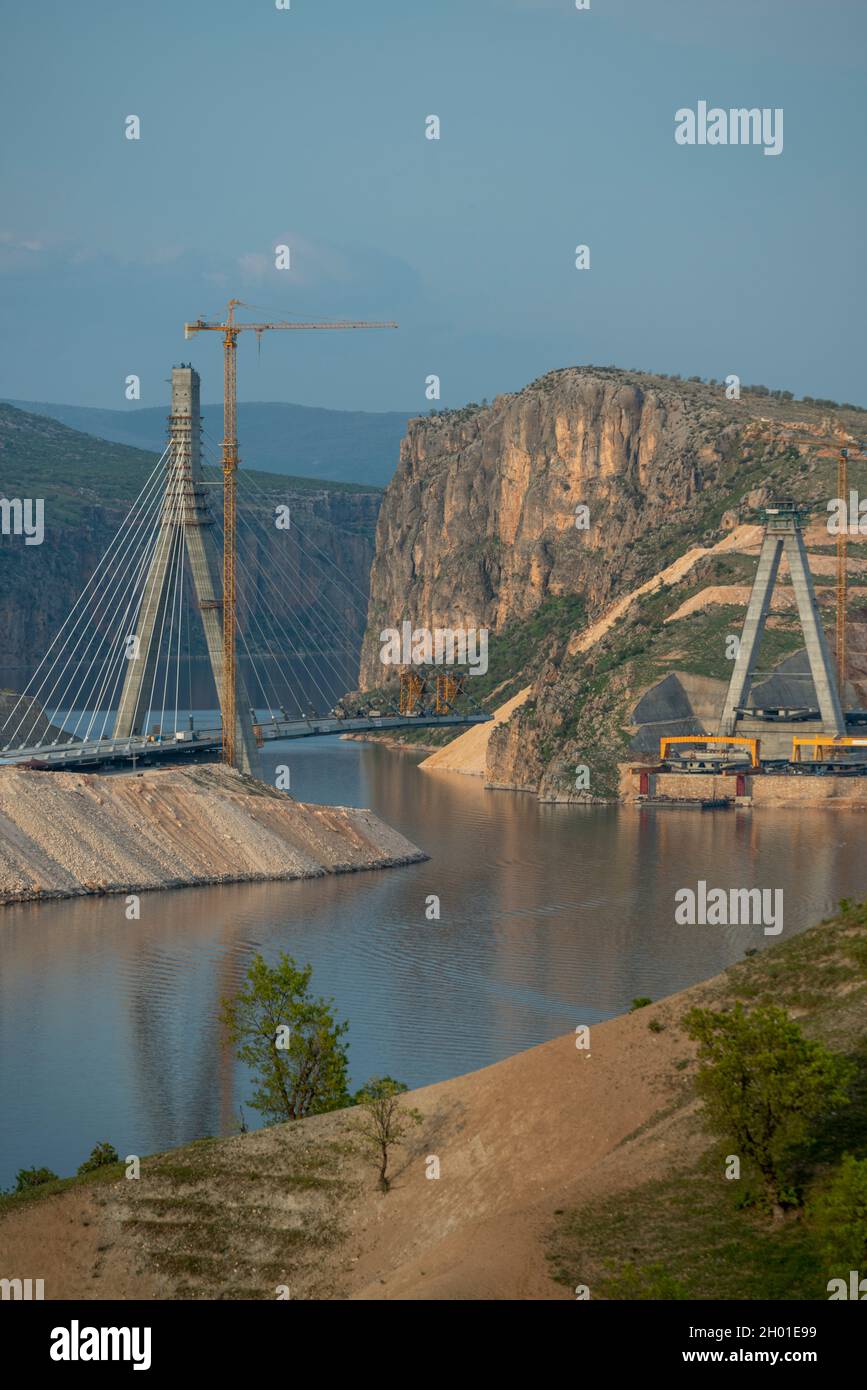 General view of the construction process of a suspension bridge to ...