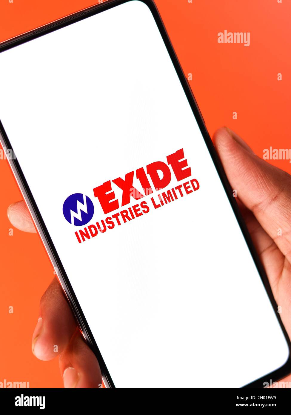 West Bangal, India - October 09, 2021 : Exide logo on phone screen ...