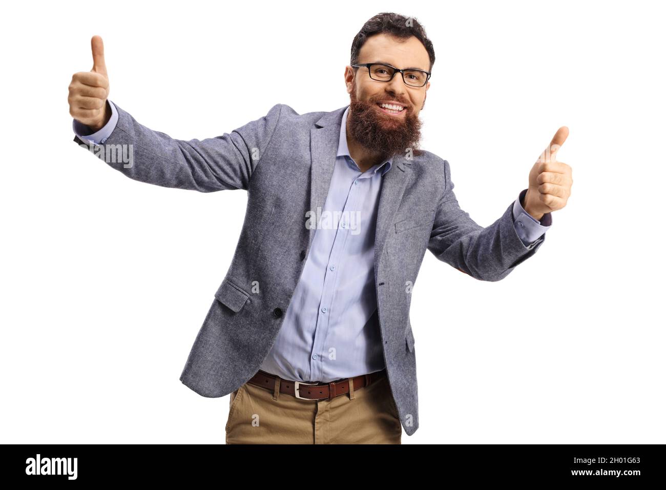 Cheerful bearded man showing both thumbs up isolated on white ...