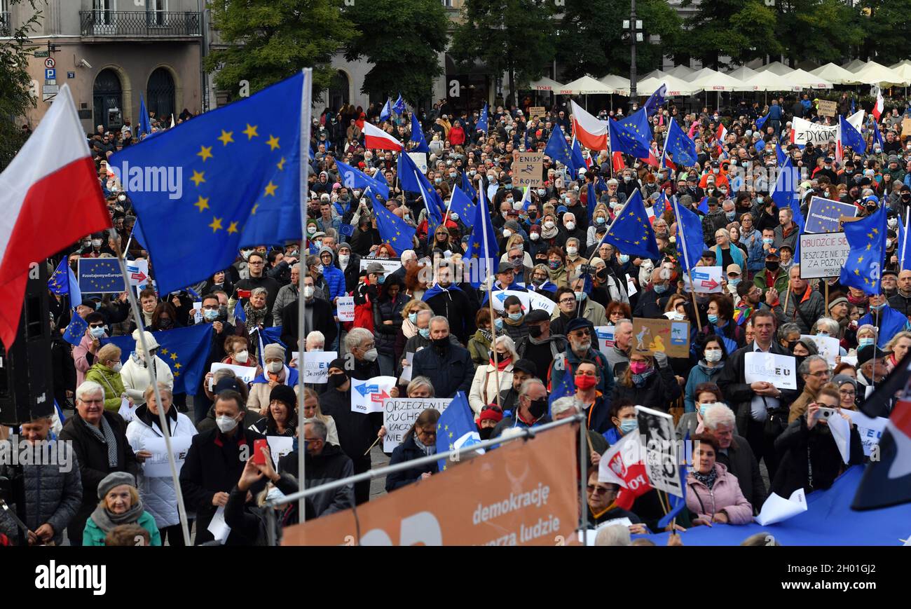 Krakow, Poland. 10th Oct, 2021. Demonstrators gather at Krakow's Main ...