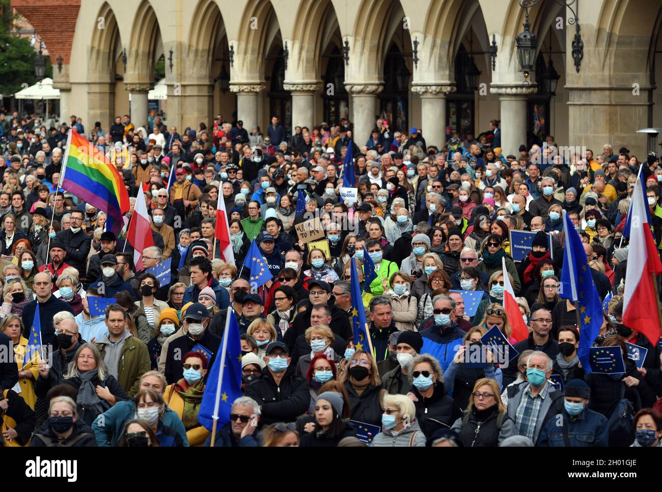 Krakow, Poland. 10th Oct, 2021. Demonstrators gather at Krakow's Main ...
