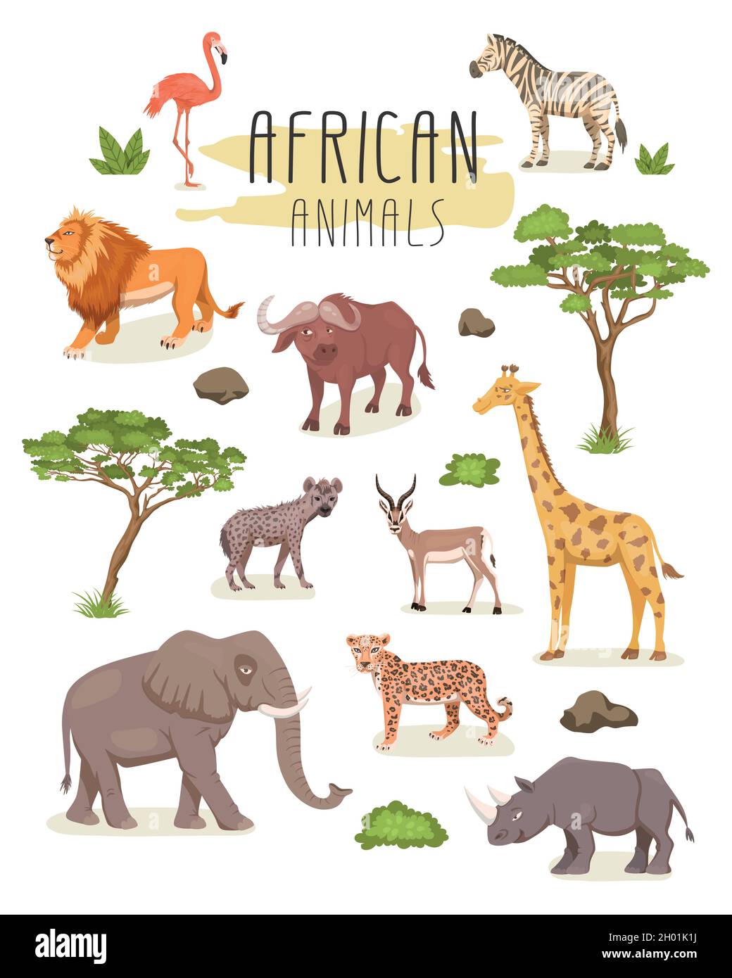 African Savannah Wild Animal Set. Lion, Rhino, Zebra, Buffalo, Giraffe ...
